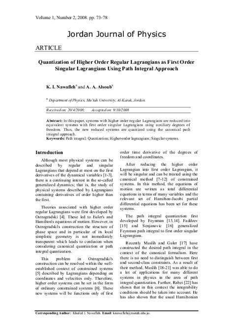 Pdf Quantization Of Higher Order Regular Lagrangians As First Order Singular Lagrangians Using