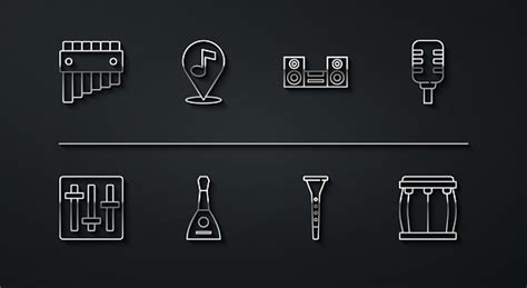 라인 팬 플루트 사운드 믹서 컨트롤러 마이크 클라리넷 Balalaika 위치 음표 드럼 및 홈 스테레오 아이콘을 설정합니다 벡터