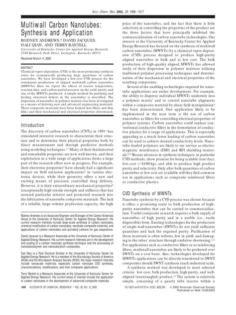 Multiwall Carbon Nanotubes Synthesis And Application Pdf Carbon Nanotube Composite Material