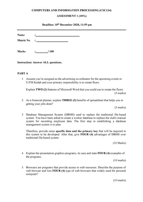 CSC Csc COMPUTERS AND INFORMATION PROCESSING CSC134 ASSESSMENT 1 10 Deadline 18th