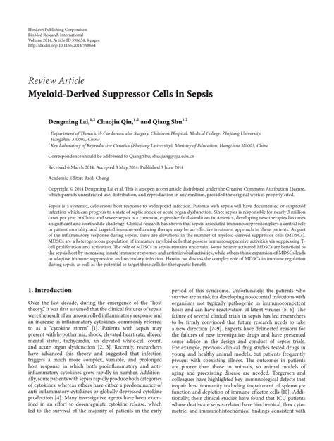 Pdf Myeloid Derived Suppressor Cells In Sepsis