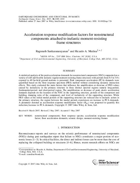 Pdf Acceleration Response Modification Factors For Nonstructural Components Attached To