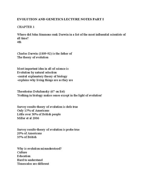Evolution And Genetics Lecture Notes Part I Evolution And Genetics Lecture Notes Part I