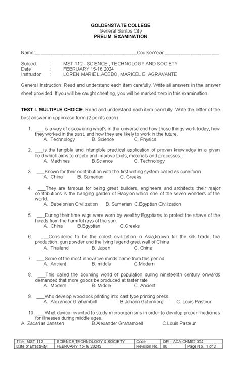 Mst 112 Prelim Exam Goldenstate College General Santos City Prelim