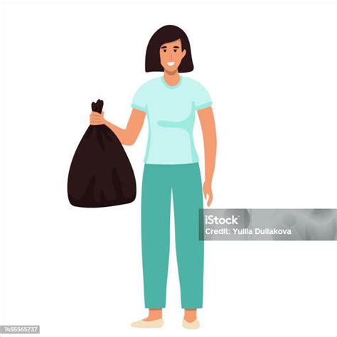 행복한 여자는 재활용 기호가 있는 녹색 쓰레기통에 쓰레기를 버린다 배경에서 격리된 벡터 그림 가방에 대한 스톡 벡터 아트 및 기타 이미지 Istock