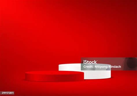 빨간색과 흰색 연단이 있는 빨간색 배경 벡터 3d 제품은 3d 배경 연단을 표시합니다 벡터 일러스트 레이 션 0명에 대한 스톡