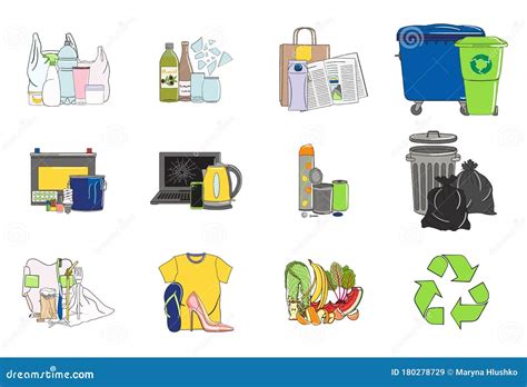 Set Of Sorted Garbage Icons Recycle Trash Bins Stock Vector