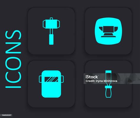 Rasp 금속 파일 슬레지 해머 대장장이 모루 도구 및 용접 마스크 아이콘을 설정합니다 검은색 사각형 버튼입니다 벡터 강철에 대한 스톡 벡터 아트 및 기타 이미지 Istock