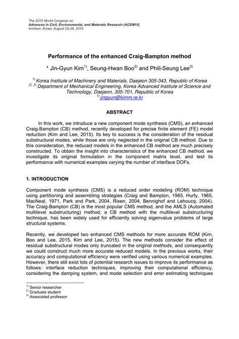 Pdf Performance Of The Enhanced Craig Bampton Method