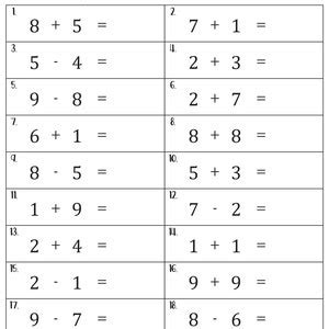 Horizontal Mixed Single Digit Addition And Subtraction Worksheets Etsy