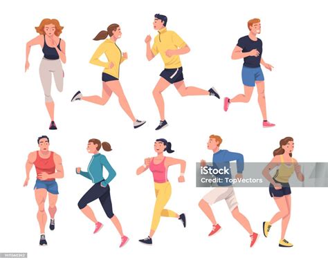 스포츠웨어에서 달리는 사람들 캐릭터 및 스포츠 훈련 및 운동 벡터 세트에 종사하는 트레이너 근육에 대한 스톡 벡터 아트 및 기타