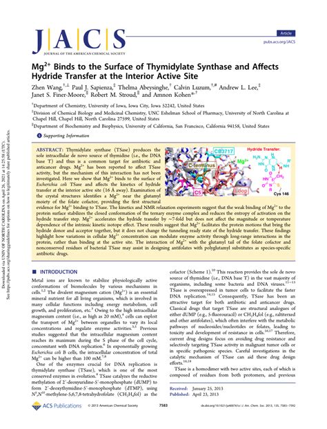 Pdf Mg2 Binds To The Surface Of Thymidylate Synthase And Affects Hydride Transfer At The