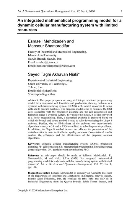 Pdf An Integrated Mathematical Programming Model For A Dynamic