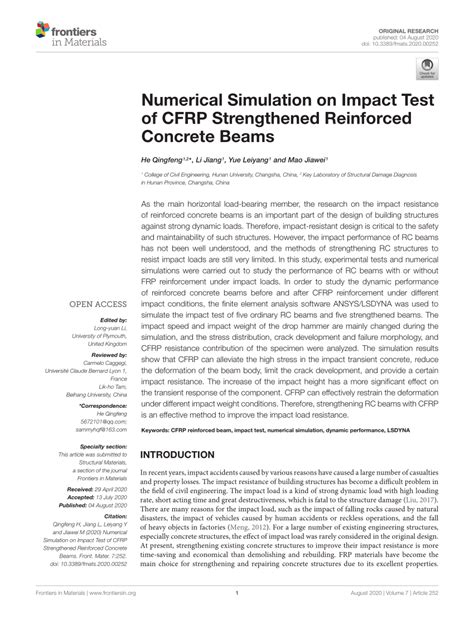 Pdf Numerical Simulation On Impact Test Of Cfrp Strengthened Reinforced Concrete Beams