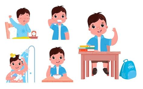 Распорядок дня ребенка мальчик возвращаюсь в школу Бесплатно векторы Going Back To