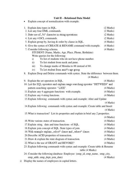 Dms Unit 2 Question Bank Pdf Database Transaction Sql