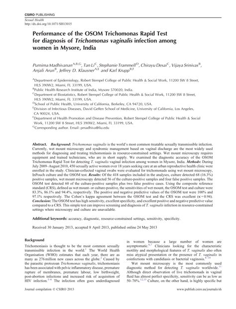 Pdf Performance Of The Osom Trichomonas Rapid Test For Diagnosis Of Trichomonas Vaginalis