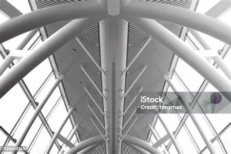 디지털 건축 구조의 유리 및 금속 머리 위 통행 공항 건물이 나 철도 역의 단편을 닮은 렌더링 골된 구조와 여러 금속 대들보 천장입니다 모드의 주제에 추상 흑백 사진 그레이