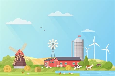 농장 풍경 플랫 벡터 그림입니다 밀 가축 및 가금류와 여름 농지 풍경 헛간 나무 꽃이있는 농촌 자연 가축 농업 농업 분야 축산 축산에 대한 스톡 벡터 아트 및 기타 이미지