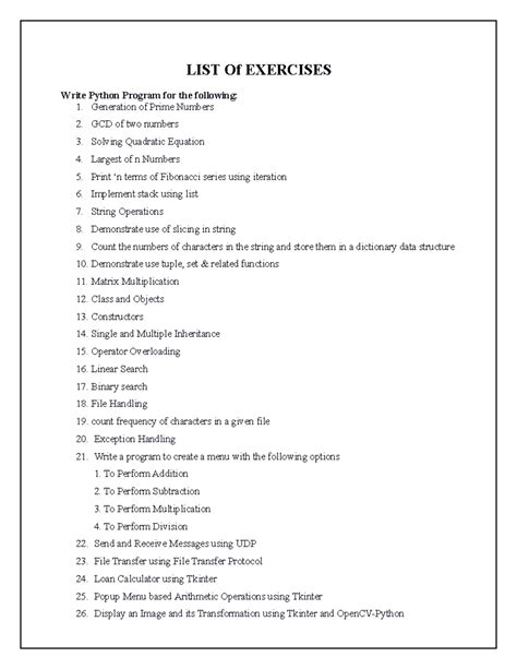 Python Lab List Of Exercises Write Python Program For The Following
