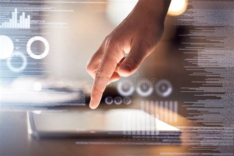 Tablet Screen Hand Or Coding Abstract In Night Office For Data