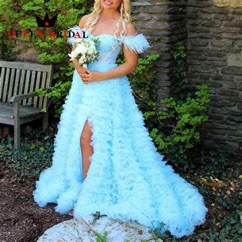 우아한 스카이 블루 프릴 깃털 무도회 드레스 A 라인 롱 오프 숄더 럭셔리 포멀 행사 가운 로브 드 발 커스텀 D13c Aliexpress