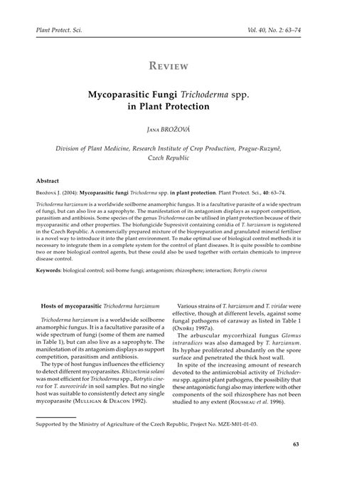 Pdf Mycoparasitic Fungi Trichoderma Spp In Plant Protection Review