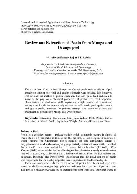 Pdf Review On Extraction Of Pectin From Mango And Orange Peel