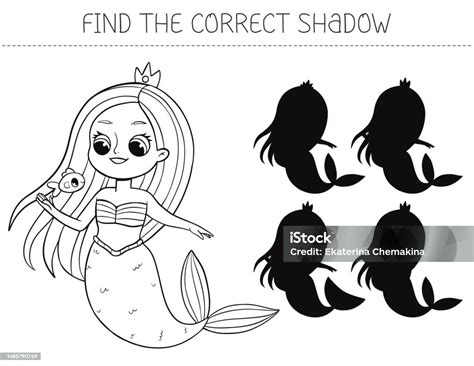 인어와 함께 올바른 그림자 색칠하기 책을 찾으십시오 아이들을 위한 색칠 공부 페이지 교육용 게임 귀여운 만화 인어입니다 그림자 맞추기 게임 벡터 그림입니다 검색에 대한 스톡