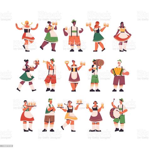 맥주 머그잔 옥토버 페스트 파티 축하 컨셉을 들고 세트 믹스 레이스 웨이터 10월에 대한 스톡 벡터 아트 및 기타 이미지 10월 Film Festival 가공의 인물