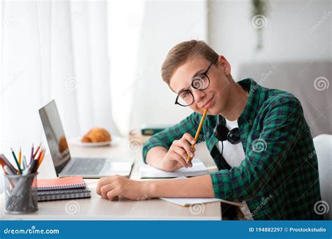 Smiling Nerd Guy Enjoying His Studying At Home Stock Image Image Of Babe Reading