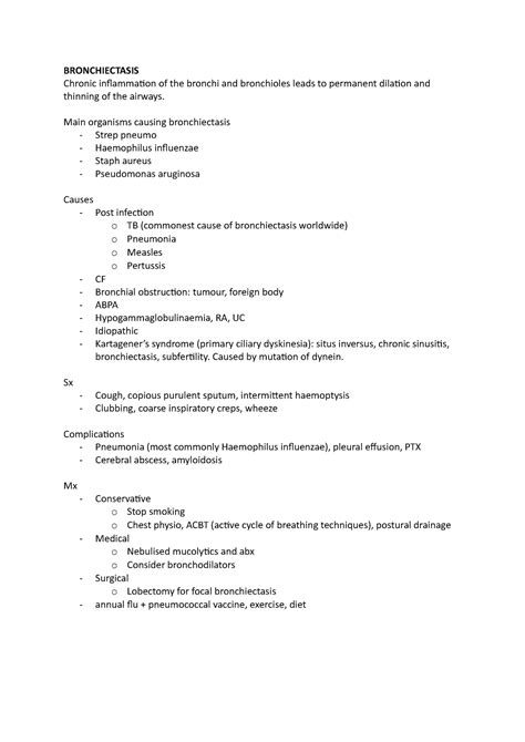 Finals Notes On Bronchiectasis Bronchiectasis Chronic Inflammation Of The Bronchi And
