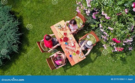семья и друзья которые вместе едят на открытом воздухе на вечеринке в летнем саду вид сверху