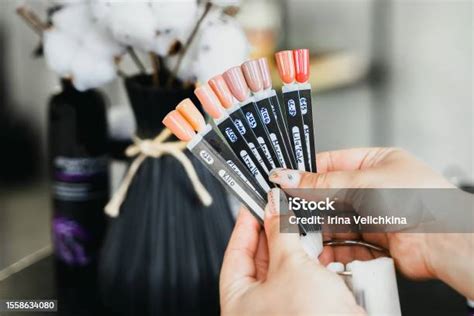 여러 가지 빛깔의 매니큐어 샘플 팔레트 뷰티 살롱의 전문 마스터 매니큐어사 매니큐어 서비스 손 치료 손톱 시술 손가락 문신 큐티클 오일 젤 Uv 램프 장갑 건강관리와 의술에