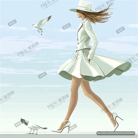 Ai创作图走路带风 鸟儿与少女 女人与海鸥 手绘海边散步的女孩 美女插画手绘海报户外 走路美女背影 走路人物素材 走路的身姿 手绘时装走秀美女