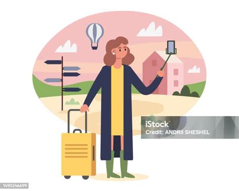 여행 가방을 든 소녀가 풍선에 대고 셀카봉을 들고 셀카를 찍는 삽화 가공의 인물에 대한 스톡 벡터 아트 및 기타 이미지 가공의 인물 걷기 계절 Istock