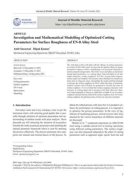 Pdf Investigation And Mathematical Modelling Of Optimized Cutting Parameters For Surface