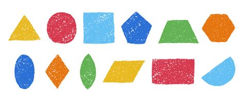 손으로 그린 유치한 스타일의 다채로운 기하학적 인물 세트 목탄 또는 크레용 질감의 모양 흰색 배경에 고립 된 벡터 그림입니다 개체 그룹에 대한 스톡 벡터 아트 및 기타