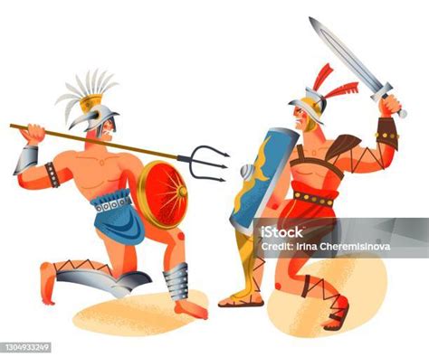 싸우는 고대 로마 제국 검투사 로마의 역사와 문화 벡터 일러스트레이션 무기 방패 헬멧을 가진 근육 전사는 흰색 배경에 경기장에서 싸움 로마 양식에 대한 스톡 벡터 아트 및