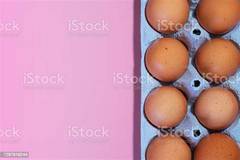 분홍색 배경에 골판지 상자에 신선한 치킨 갈색 계란 맨 위 보기입니다 건강한 식생활에 대한 스톡 사진 및 기타 이미지 건강한 식생활 날것 농장 Istock