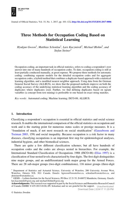 Pdf Three Methods For Occupation Coding Based On Statistical Learning