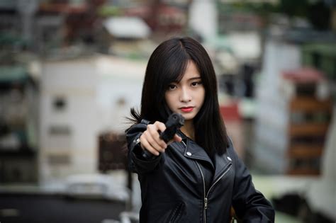 Woman Girl Gun Brunette Leather Jacket Model 1080p Asian Brown