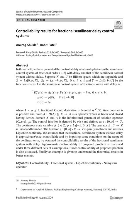 Pdf Controllability Results For Fractional Semilinear Delay Control Systems