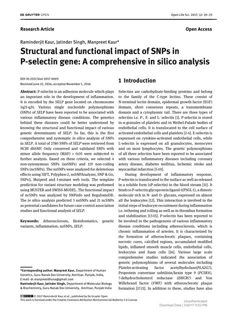 Pdf Structural And Functional Impact Of Snps In P Selectin Gene A Comprehensive In Silico