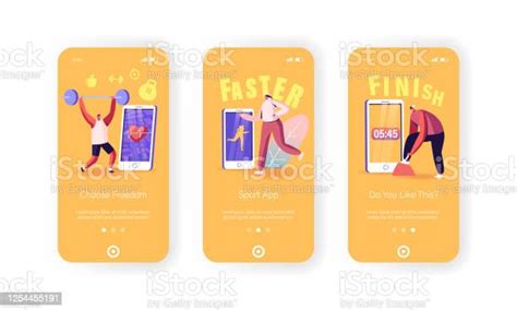스포츠 앱 모바일 페이지 온보드 화면 템플릿 스마트폰 응용 프로그램을 사용하여 펄스를 계산하는 문자 건강한 피트니스 활동 개념의 디지털 기술 만화 사람들 벡터 일러스트레이션