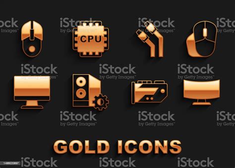 컴퓨터 컴퓨터 마우스 모니터 화면 비디오 그래픽 카드 Lan 케이블 네트워크 인터넷 및 Cpu 아이콘이 있는 프로세서의 케이스를