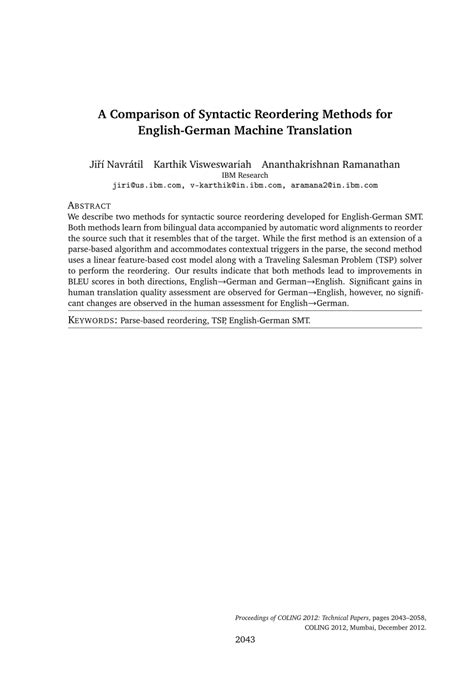 PDF A Comparison Of Syntactic Reordering Methods For English German Machine Translation