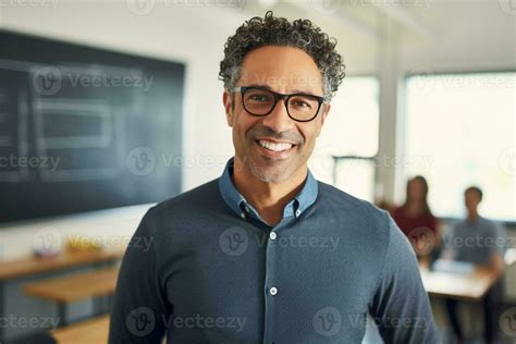 Ai Generated Portrait Of Male Teacher Smiling In Classroom Bokeh Style