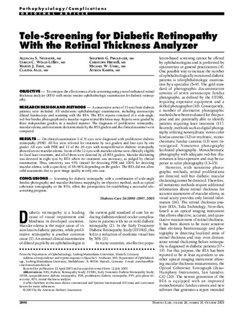 Pdf Tele Screening For Diabetic Retinopathy With The Retinal Thickness Analyzer