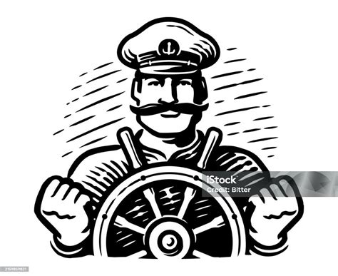 조타실에 있는 선장 항해 선원 엠블럼 또는 로고 흑인과 백인 벡터 일러스트 레이 션 군복에 대한 스톡 벡터 아트 및 기타 이미지 군복 낚시 남자 Istock